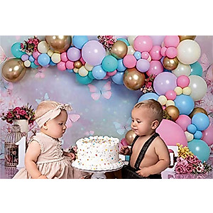 First Birthday Backdrop for Girl Pink Purple Balloon Backdrops for Photography Cake Smash Background for Baby Girl Flowers Butterfly Kids1st Birthday Banner Decorations 7x5ft