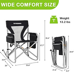 FUNDANGO Camping Rocking Chair, Folding Lawn Chairs with Cup Holder, Storage Pocket, Cooler Bag, rocking chair outdoor for Beach, Outdoor, Travel, Picnic, Patio, Support 300lbs