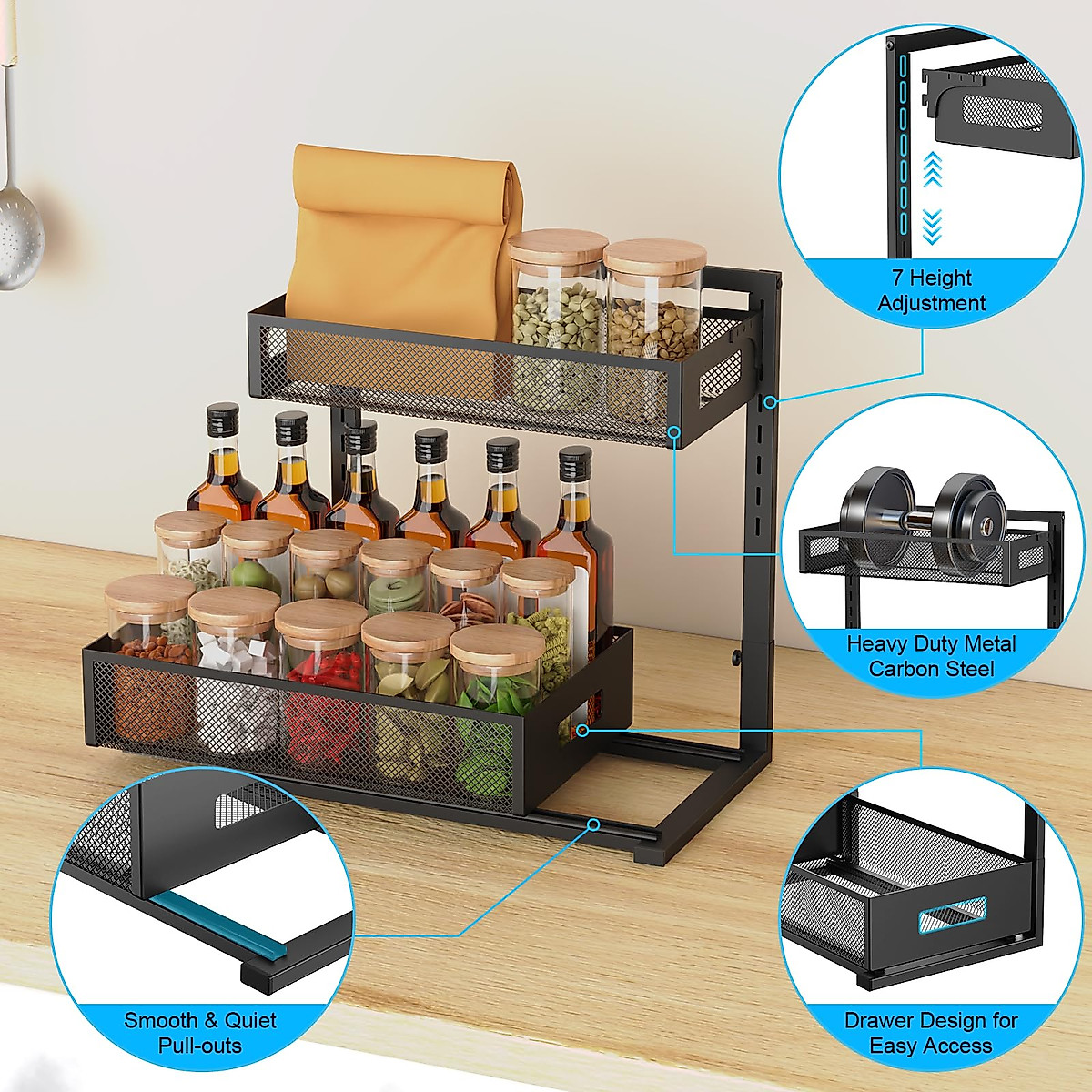 Under Sink Organizer Pull Out Cabinet Organizer Adjustable Height 2 Tier with Sliding Drawers Kitchen Bathroom Organizer and Storage(1pc)