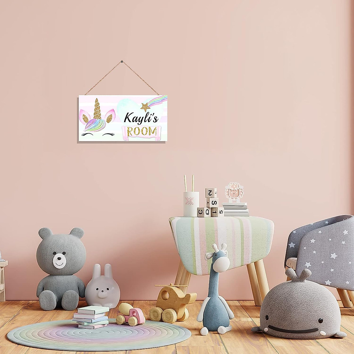 Personalized Rainbow Unicorn Sign,Girls Bedroom Baby Nursery Bedroom Door Sign Wood Plaque Sign Wall Decor Gift