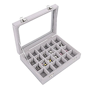 Ivosmart 24 Section Velvet Glass Jewelry Ring Display Organiser Box Tray Holder Earrings Storage Case (Grey)