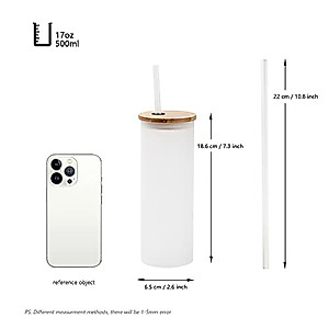 Sublifun 4 Pack Sublimation Glass Frosted Tumbler with Bamboo Lid and Straws 17 OZ 500 ML,Straight Sublimatin Skinny Drinking Glasses for Iced Coffee, Milk, Juice,Polymer Coating for Heat Transfer