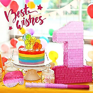 Number 1 Pinata First Birthday Pinata Decorations Gradient Pink Pinata with Stick Blindfold Confetti for Girls Boys Birthday Baby Shower Anniversary Party Decorations Supplies