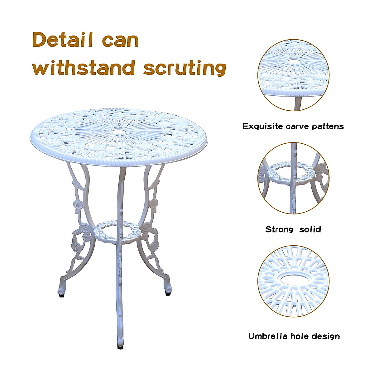 JARDIN DE CENTENNIAL Patio Bistro Set.Rust-Resistant Cast Aluminum Bistro Table Set with Umbrella Hole for Backyard (Rose White)