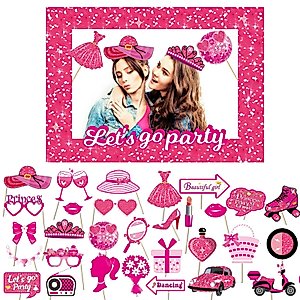 LMSHOWOWO 30PCS Funny Hot Pink Girls Princess Photo Booth Props, Let's Go Party Princess Doll Theme Photo Booth Frame for Girls Birthday Party Decorations Bachelorette Bridal Shower Party Supplies