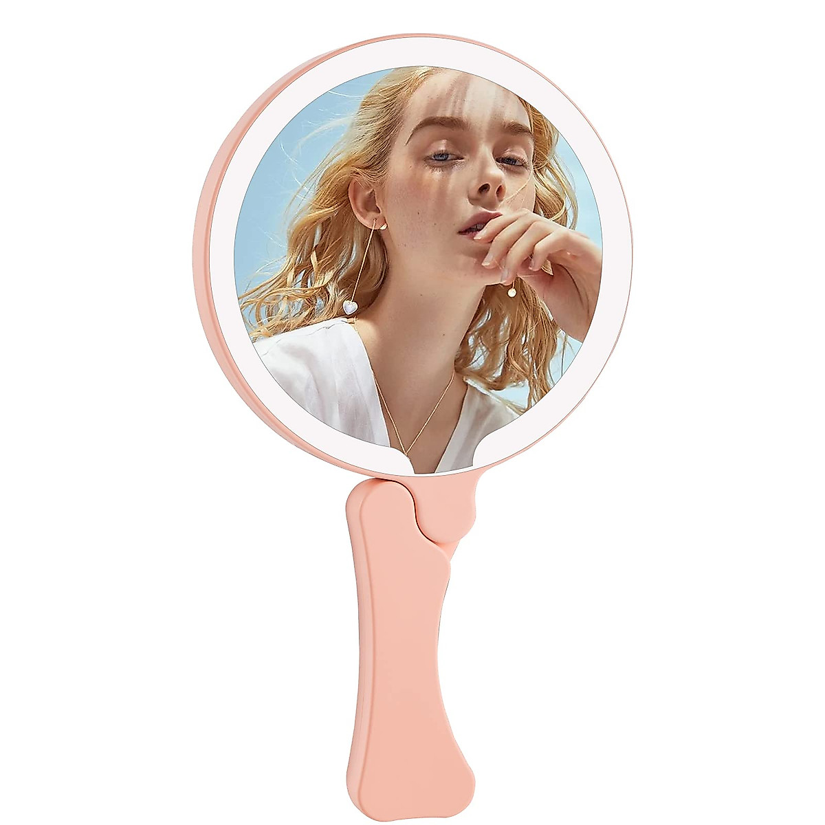 Hand Mirror with Light, Rechargeable Lighted Travel Makeup Mirror, Round Portable Small Handheld Mirror with Folding Handle, Lightweight (Pink)