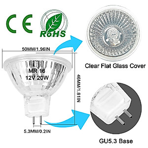 MR16 Halogen Bulb 20W Dimmable 12V GU5.3 Bi Pin Base Spotlight with Long Lifespan, 2700K Warm White MR16 Bulbs with Clear Glass Cover for Landscape, Track Lights, Fiber Optics, Desk Lamps, 6 Pack