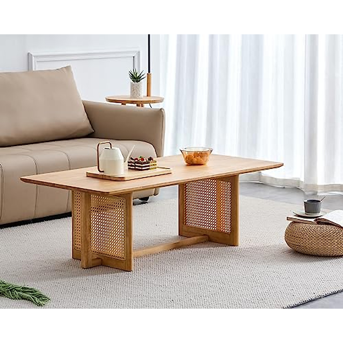 LKTART Rattan Coffee Table for Living Room, Minimalist Solid Wood Coffee Table, Rectangular Cross Legs Coffee Table for Small Space Apartment,Natural