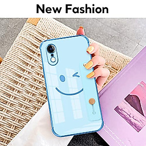 Uioeua Compatible with iPhone XR Case with Smiley Face Pattern,Soft TPU Cute Plating Wristband Holder Case Camera Lens Protection Side Small Pattern Shockproof Wrist Strap Case Women Girls-Sky Blue
