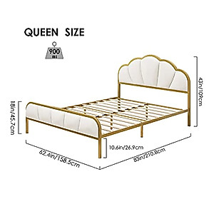 HIFIT Queen Upholstered Bed Frame with Elegant Flowers Headboard, Metal Platform Size Wooden Slats Support, No Box Spring Needed, Noise, Easy Assembly, Velvet, Beige