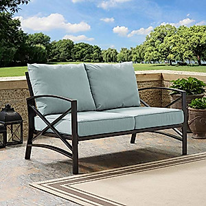 Crosley Furniture KO60008BZ-MI Kaplan Outdoor Metal Loveseat, Oiled Bronze with Mist Cushions