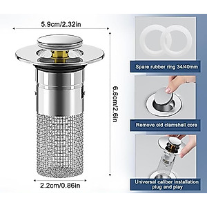 Pop Up Sink Drain Filter,2024 Universal Bathroom Sink Stopper,Basin Sink Plug with Removable Stainless Steel Filter Basket Hair Catcher Sink Stopper Replacement,Floor Sink Drain Strainer (2pcs)