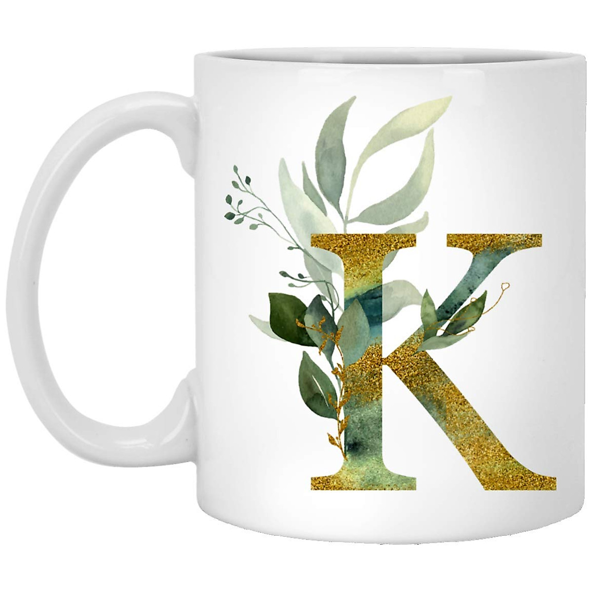 Alpha/K Graphic Letter K Coffee Mug - Alphabet Letter Monogram K - Gold Shimmer Any Letter Floral Alphabet Tea Coffee Hot Chocolate Cup For Her Birthday Christmas Mothers Day Coffee Mug 11oz