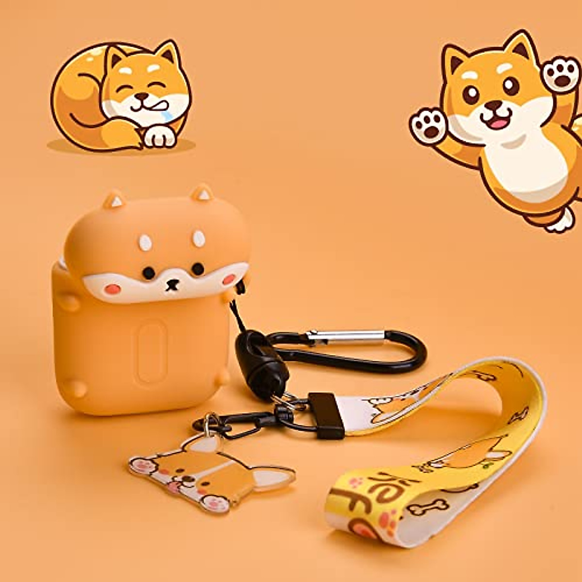 Cute AirPod Case with Lanyard Keychain Protective Soft Silicone Funny Corgi Cover Compatiable with AirPods 1st & 2nd Generation Case
