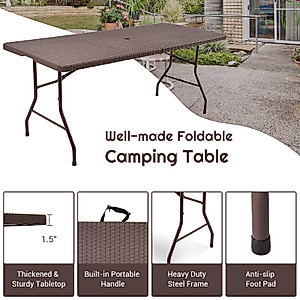 GYMAX 6FT Folding Table, Portable Lightweight Camping Table with Carry Handle, Easy Fold Up Rectangle Indoor/Outdoor Collapsible Table for Camp, Picnic, BBQ, Patio (Rattan Tabletop with Umbrella Hole)