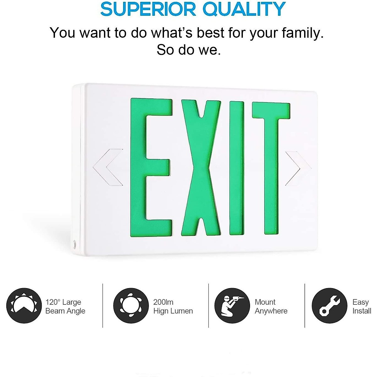 EXITLUX 2 Pack Green Led Emergency Exit Lights with Battery Backup-UL Listed 120/227VAC Double Face- Exit Sign with Emergency Lights-Plug in Emergency Battery Exit Lights.