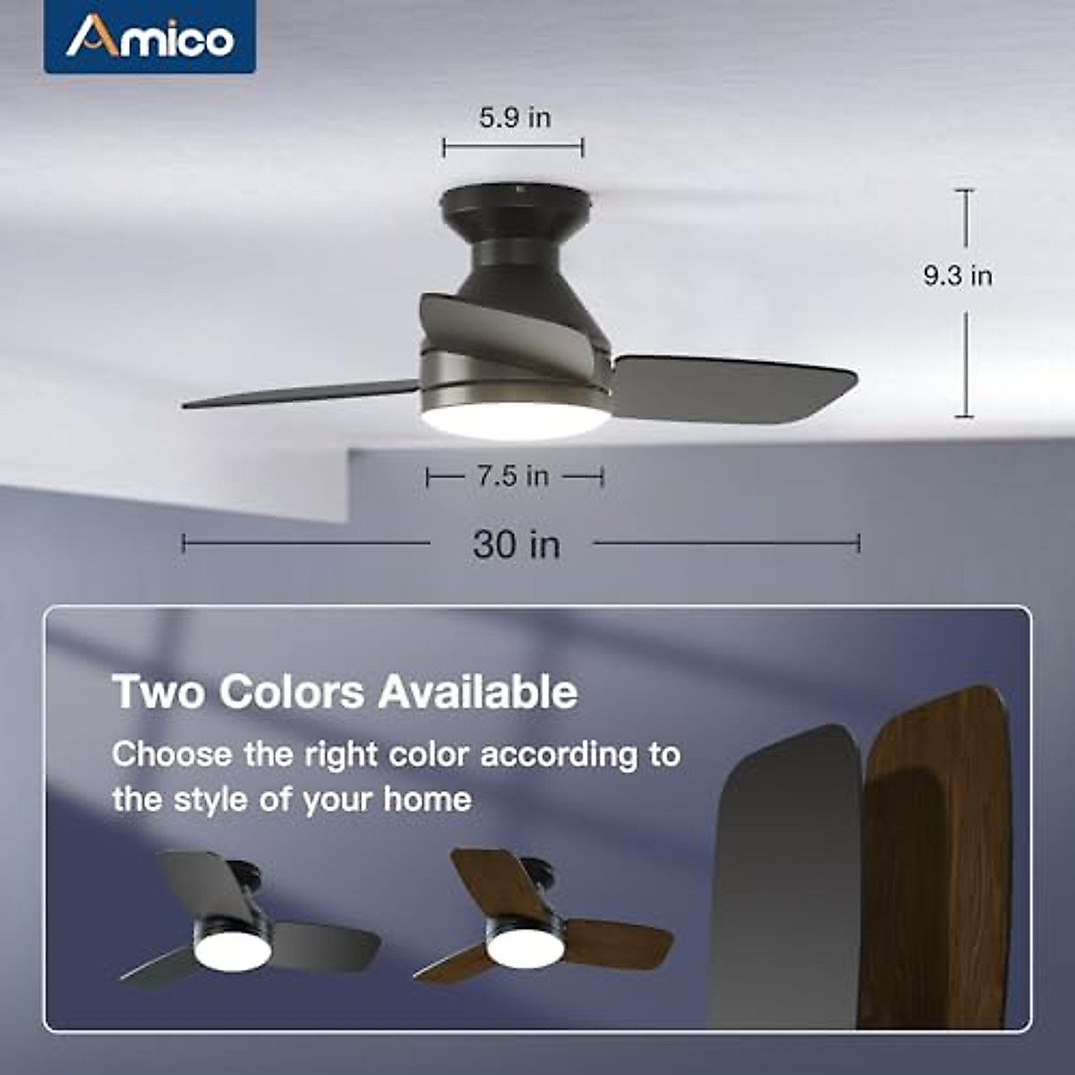 Amico Ceiling Fans with Lights, 30 inch Low Profile Ceiling fan with Light and Remote Control, Flush Mount, Reversible, 3CCT, Dimmable, Noiseless, Black Ceiling Fan for Bedroom, Indoor/Outdoor Use