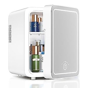 Skincare Fridge - Makeup Fridge With Dimmable LED Light Mirror, 4L Mini Fridge for Bedroom, Car, Office & Dorm, Cooler & Warmer, Portable Small Refrigerator for Cosmetics, Skin Care and Food, White