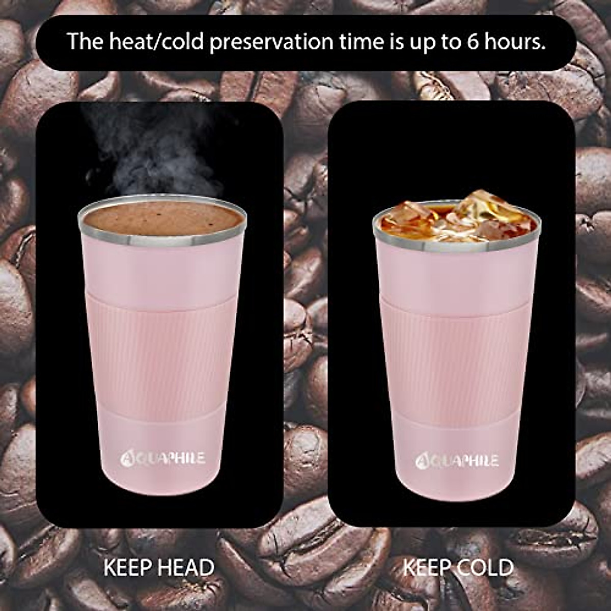 AQUAPHILE Reusable Coffee Cup, Coffee Travel Mug with Leak-proof Lid, Thermal Mug Double Walled Insulated Cup, Stainless Steel Portable Cup with Rubber Grip, for Hot and Cold Drinks(New-Pink, 12 Oz)