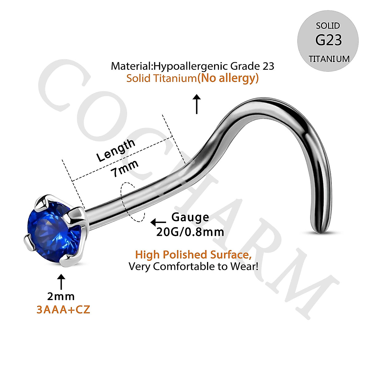 COCHARM 20G G23 Titanium Blue Screw Nose Studs Ring S-Shaped Diamond Cubic Zirconia Nose Bone Piercing Jewelry