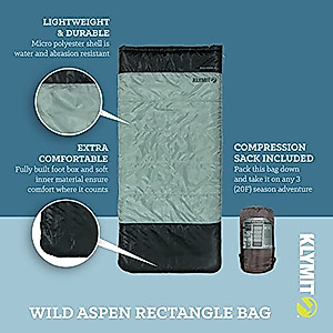 Klymit Wild Aspen Lightweight Rectangle Sleeping Bag, 20°F Sleeping Bag for Camping, Hiking, and Backpacking in Cold Weather, Green