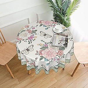 Round Tablecloth 60 Inch, Spring Floral Butterfly Green White Table Cloth for Rustic Farmhouse Kitchen Decor, Waterproof Wipeable Polyester Fabric Table Cover for Holiday Party Outdoor Camping Picnic