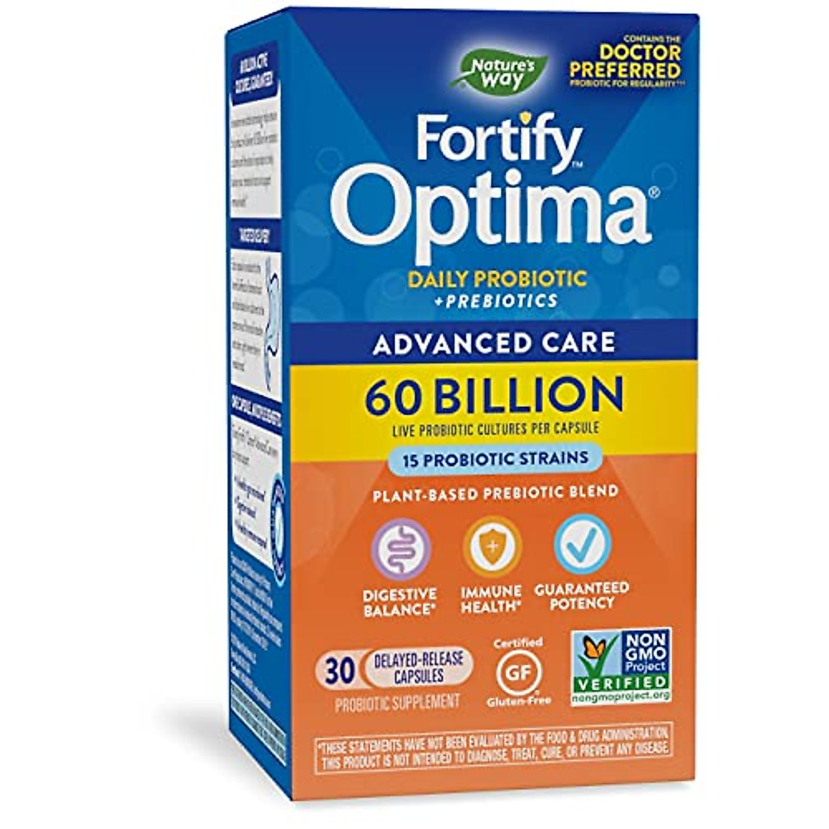 Nature’s Way Fortify Optima Daily Probiotic 60 Billion 15 Strains Digestive and Immune Support* with Prebiotics 30 Capsules