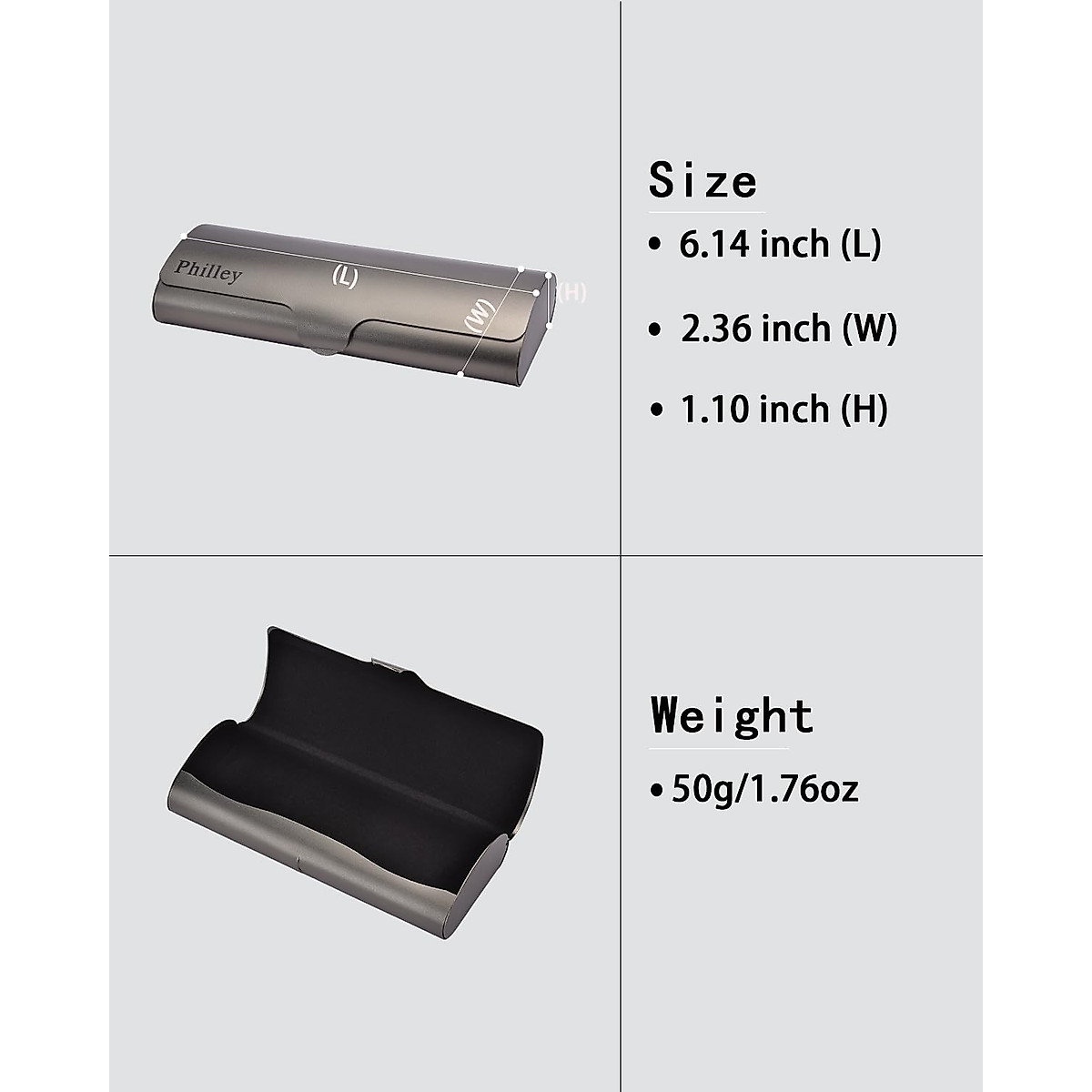 Philley Aluminum Ultra-Light Eyeglass Case Hard Shell Nearsighted Glasses Case for Women & Men(Gun Grey)
