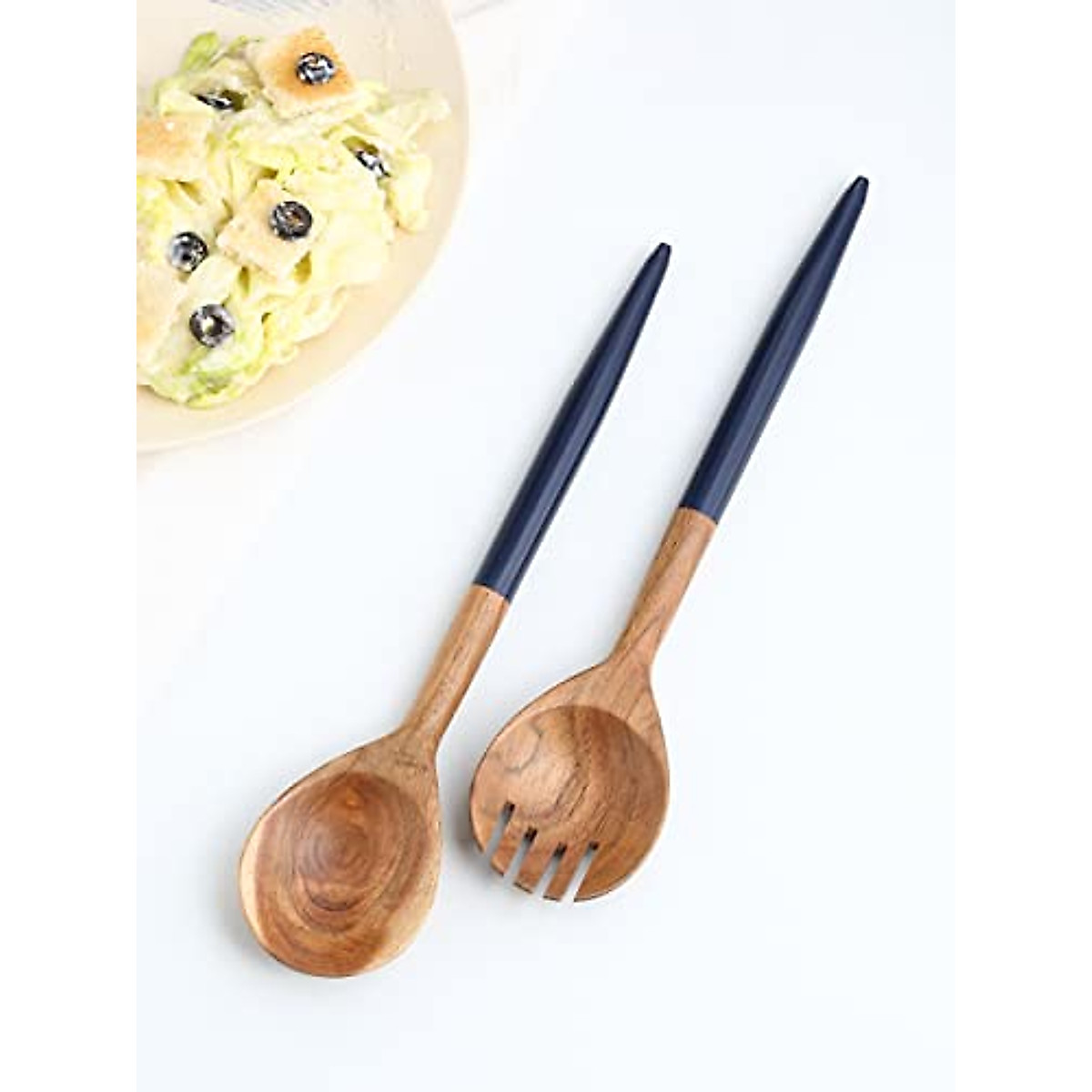 YoTreasure Tiramisu Resin & Wood Blue Salad Server Set Utensils for Modern Serving and Cooking