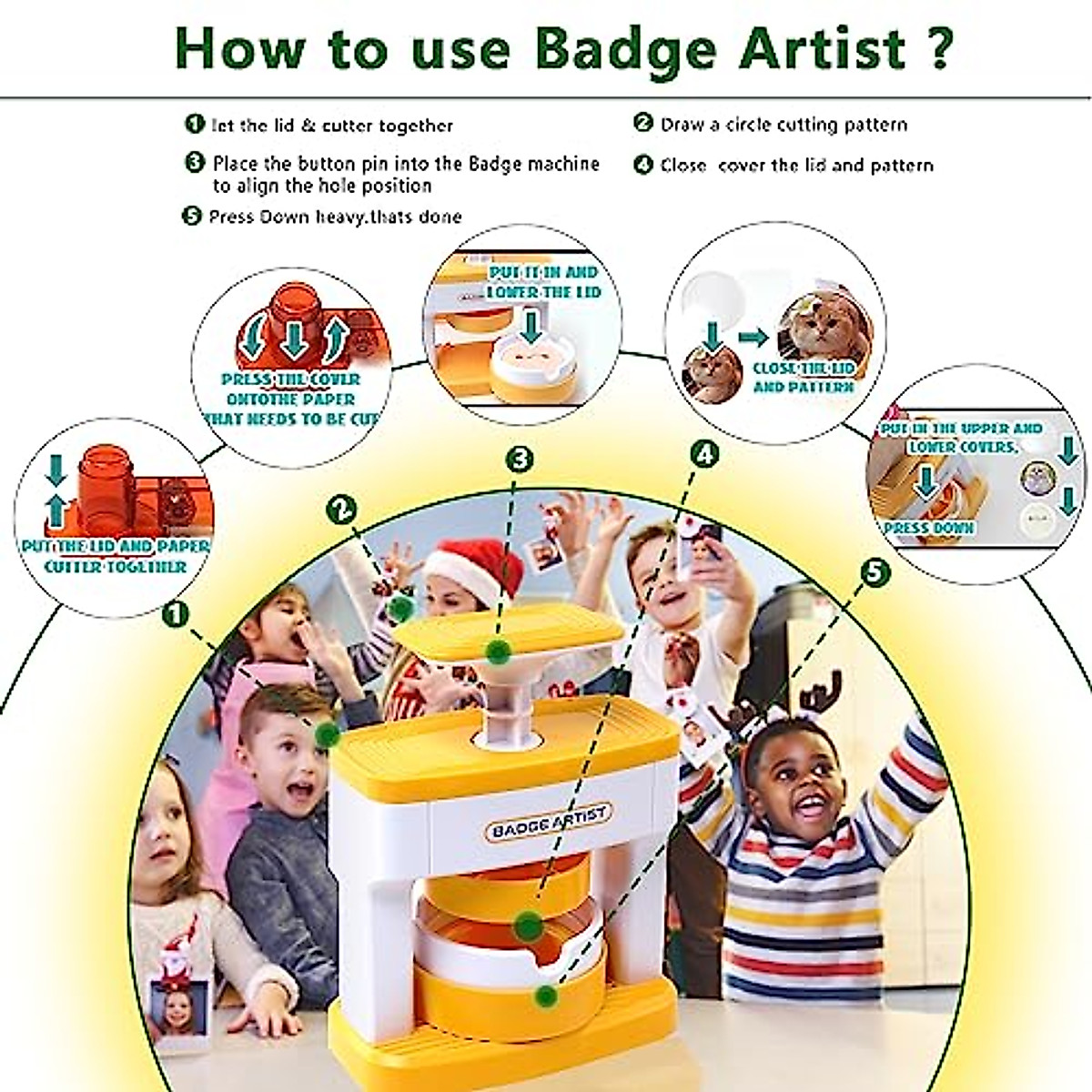 Newest Badge Maker for Kids, 55mm (2.16in) DIY Pin Button Maker Press Machine Badge Punch Kit with 48pcs Button Parts & Pictures & Circle Cutter Gifts Installation-free