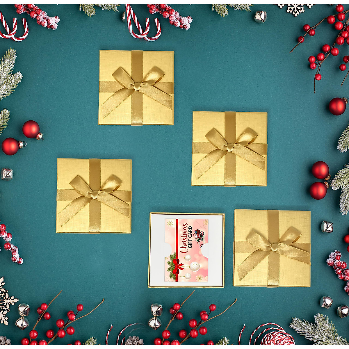 Gold Christmas Card Gift Box Holder with Bows Pack of 6 Holiday Gifts Greeting Cards Present Wrap Square Boxes Cash Money Holders Party Favor Decor for Wedding Xmas Party Supplies Decorations