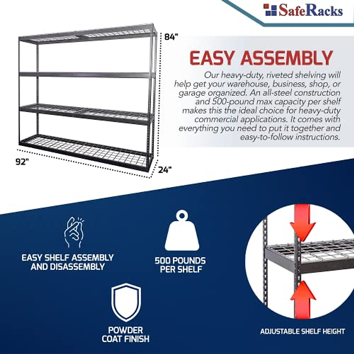 SafeRacks Garage Shelving Unit - Storage Shelf That Holds 500 Pounds Per Shelf Rack - All Steel Shelves for Storage - Easy to Assemble Shelving Storage, Garage Shelf, Hammertone (24" x 92" x 84")