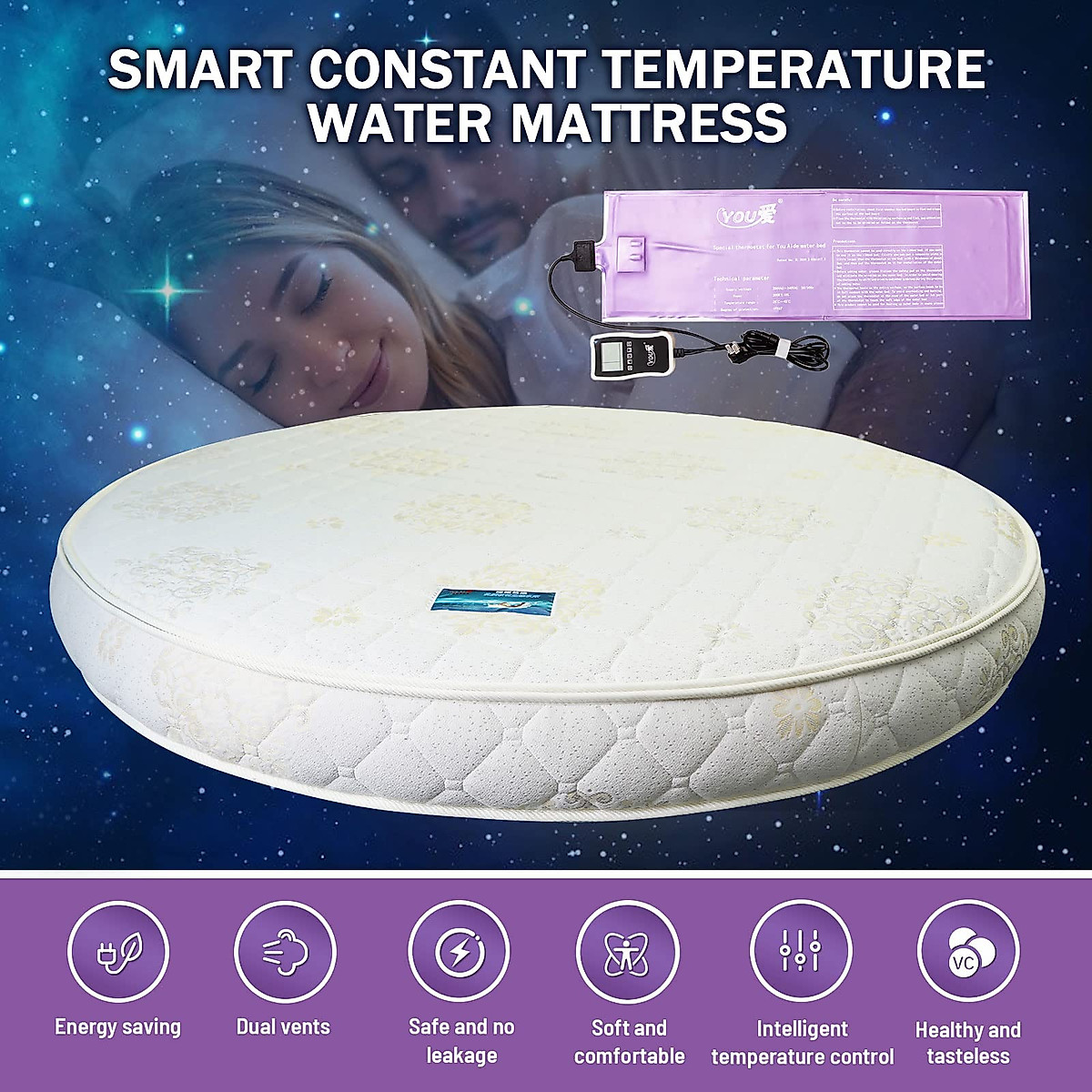 Round Waterbed Mattress - Soft & Comfortable Softside Waterbed Mattress Strong Bearing Waterbed Insert Mattress Suitable for Elderly,Adults,Children (78.7inch, Free Flow Full Wave)