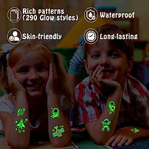 Partywind 290 Styles (30 Sheets) Luminous Space Tattoos for Kids Party Decorations, Glow Outer Space Party Supplies Favors with Astronaut/Rocket/Planet, Kids Games for Glow Party