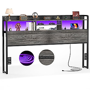 Unikito Headboard for King Size Bed with Storage Shelf, Head Board with 3 Outlets and 2 USB Ports, Headboards with RGB LED Light, Height Adjustable, Sturdy and Stable, Easy Assembly, Black Oak