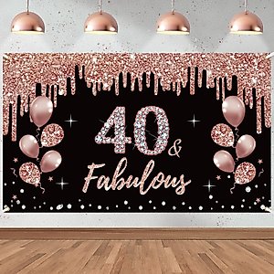 40th Birthday Decorations 40 & Fabulous Birthday Banner for Women, Rose Gold 40 Birthday Theme Sign Party Supplies, Forty Year Old Bday Background Photo Booth for Indoor Outdoor