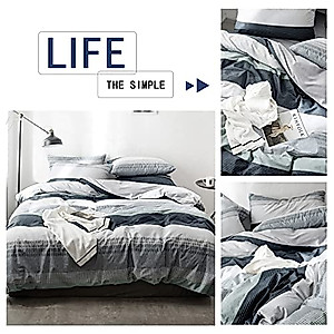 VClife Cotton Twin Duvet Cover White Grey Blue Stripe Comforter Quilt & Pillow Protector Cover Sets Simple Style Geometry Bedding Sets, 1 Twin Size Duvet Cover 68" x 86" & 2 Pillow Shams 20" x26"
