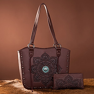 Montana West Western Tooled Tote Bag for Women Mandala Pattern Shoulder Top Handle Handbag Studded Purse with Wallet Set MWC-144W-CF