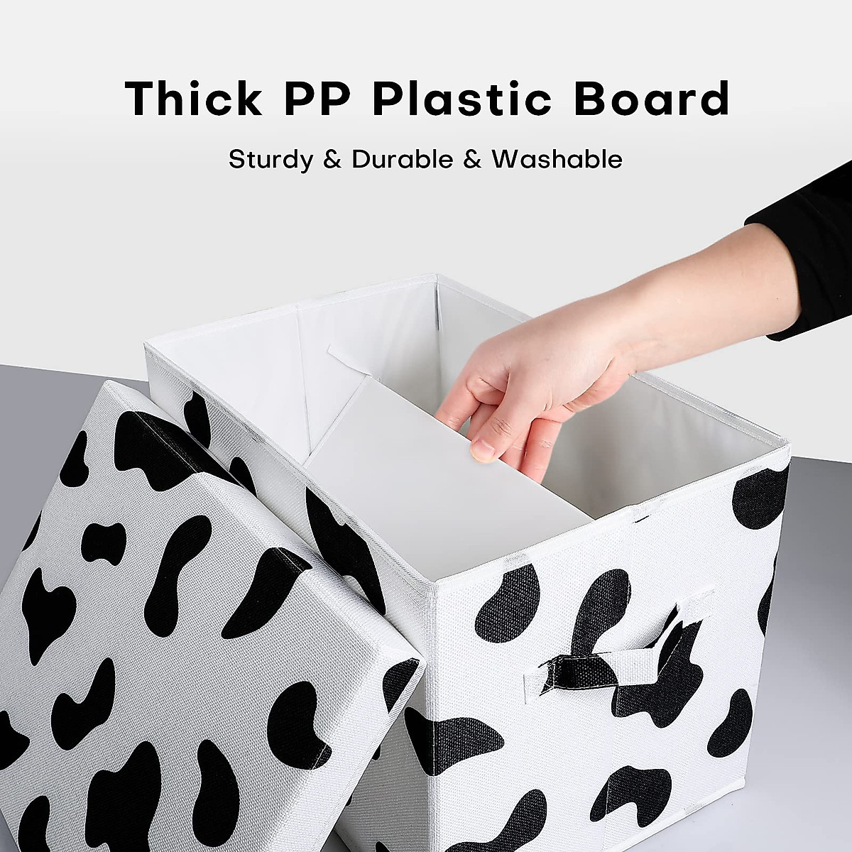 ANMINY 2PCS Large Storage Bins Cow Print Foldable Cotton Linen Lidded Box Basket Cubes Set with Removable Lids PP Plastic Board Handles Label Window Home Closet Shelf Clothes Toys Organizer Containers