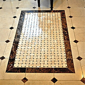 Stone Center Online Crema Marfil Marble 1x2 Basketweave Mosaic Tile w/Emperador Dark Brown Dots Polished Kitchen Bath Wall Floor Backsplash Shower (1 Sheet)