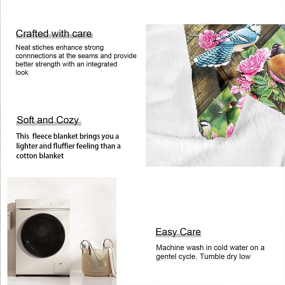 KLRIGR Soft Cozy Fleece Throw Blanket for Couch, Birds and Flowers, 50X60 Inches