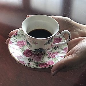 Gracie China Rose Chintz Porcelain 3-Ounce Small Petite Espresso/Demitasse Cup and Saucer with Gold Trim Set of 4