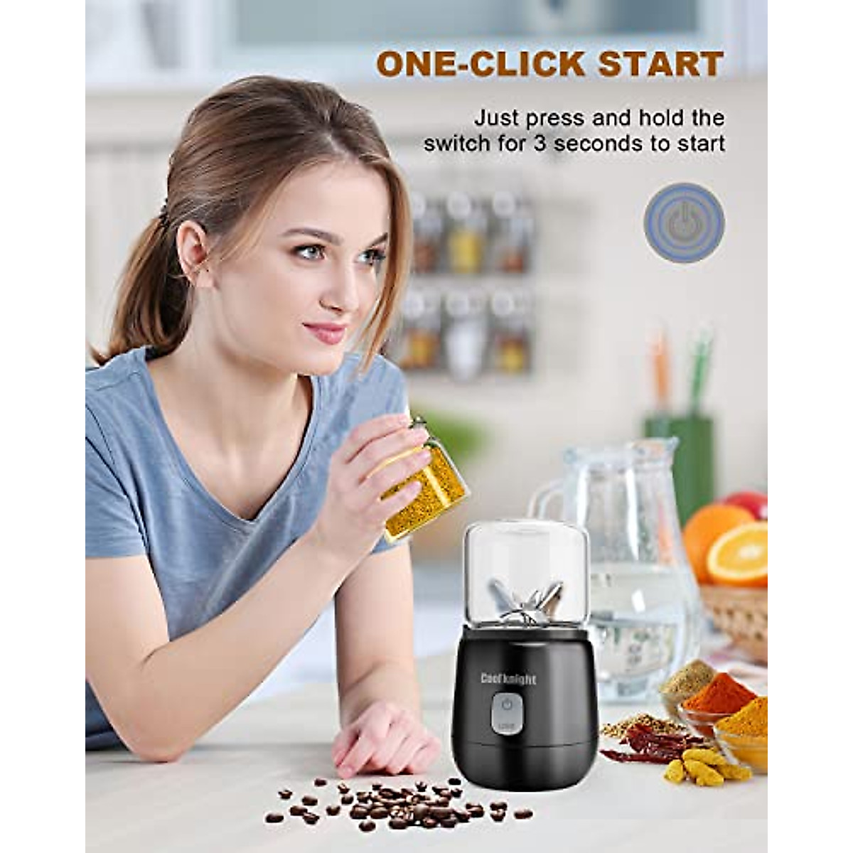 COOL KNIGHT Electric Herb Grinder Electric Spice Grinder, USB Rechargeable 200W Cordless Electric Herb Grinder for Herbs, Spices, Seeds, etc. (Black)