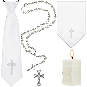 5 Pieces Boys First Holy Communion Accessories Boys Communion Set Including 1 White Tie 1 Folded Handkerchief Embroidered with the Cross 1 Cross Pin 1 Pearl Rosary 1 Cross Candle for Baptism