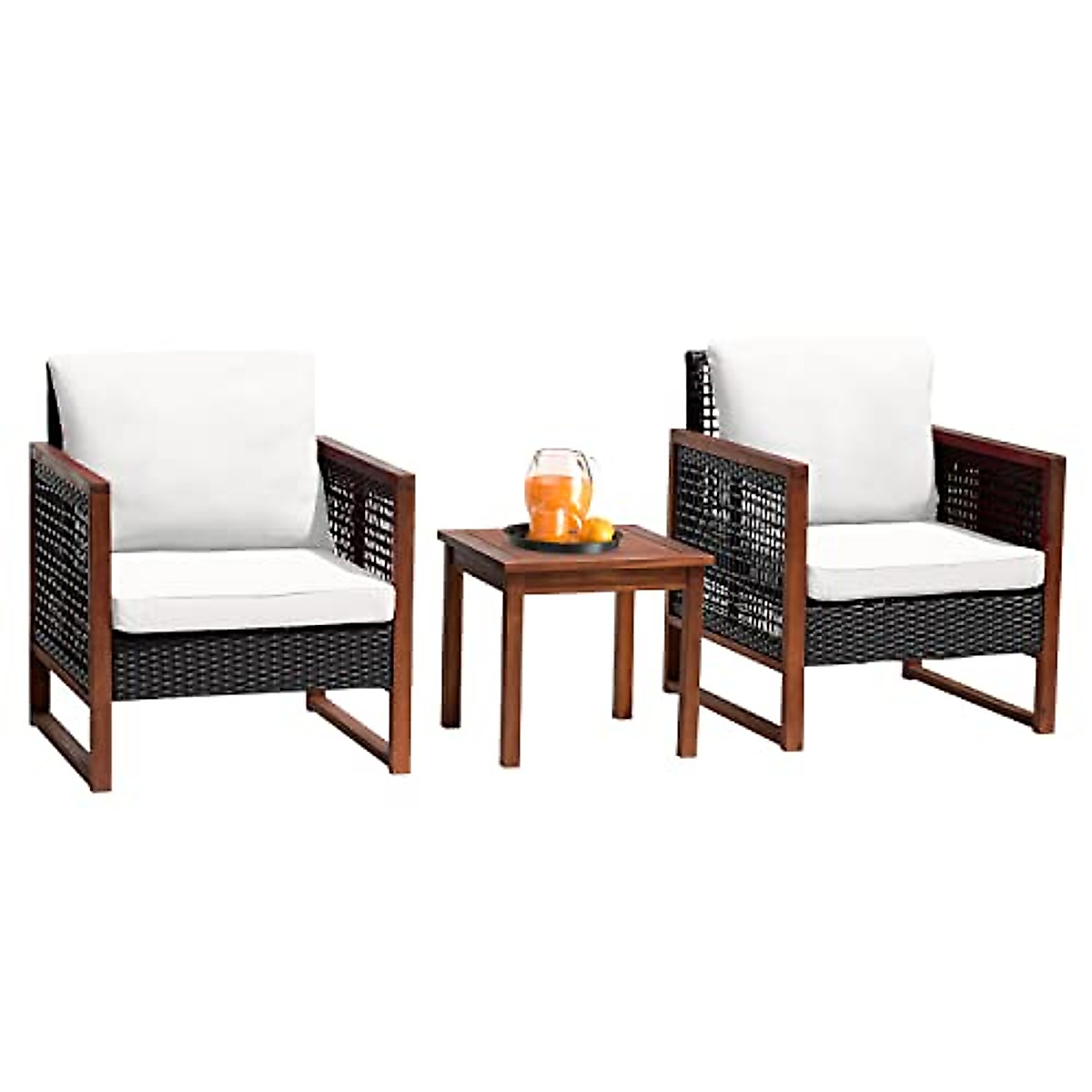 Patio Furniture 3-Piece Acacia Wood Patio Bistro Set Outdoor Chat Conversation Table Chair Set with Water Resistant Cushions and Coffee Table for Beach Backyard Garden,Khaki Cushion