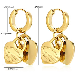 Heart Dangle Hoop Earrings for Women, Christmas Gift for her, 18k Gold Plated Dainty Small Post Huggie Drop Earrings