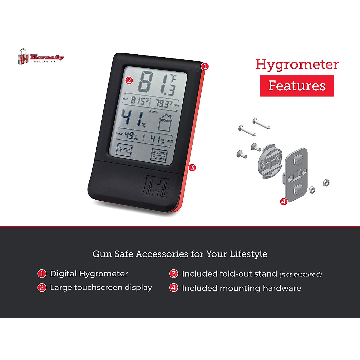 Hornady Digital Hygrometer, 95909 - Indoor Temperature and Humidity Monitor with Touchscreen LCD Display - Ideal Room Thermometer Hygrometer for Gun Safes & Cabinets, Closets, Workbench & More
