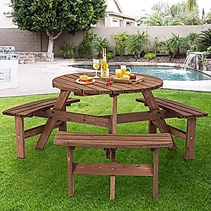Giantex 6 Person Wooden Picnic Table Set with Wood Bench, with Umbrella Hold Design, Perfect for Outdoor Garden Yard Pub Beer Dining, Dark Brown