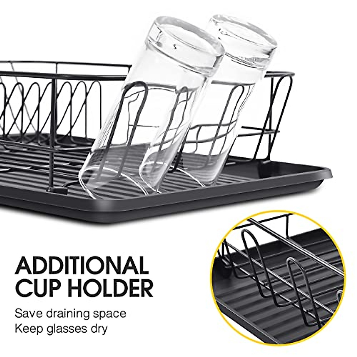 TOOLF Dish Drying Rack, Large Capacity Dish Rack, Dish Drainer with Cutlery Holder, Removable Drip Tray, Cup Holder, Compact Kitchen Drainers for Countertop, Black