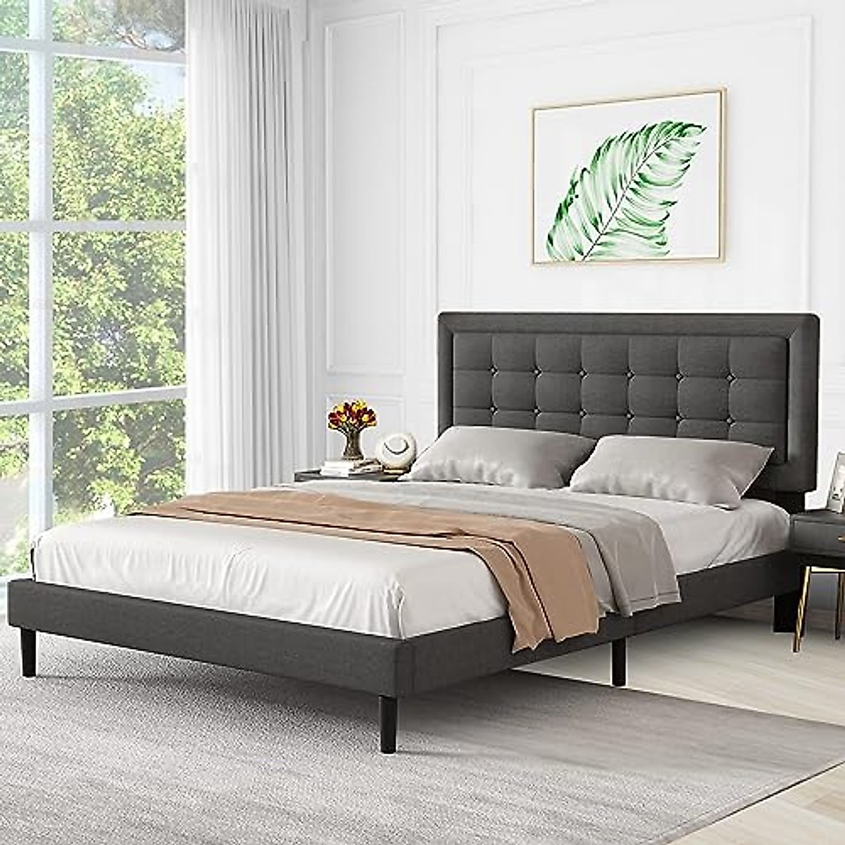 IULULU Full Bed Frame, Upholstered Platform Bed Frame with Linen Fabric Headboard, Full Size Mattress Foundation with Wooden Slats Support, Easy Assembly, No Box Spring Needed, Dark Grey